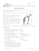 Emperor Penguins Nonfiction Reading Warm-Up | Animals Printable, Gr. 1 ...
